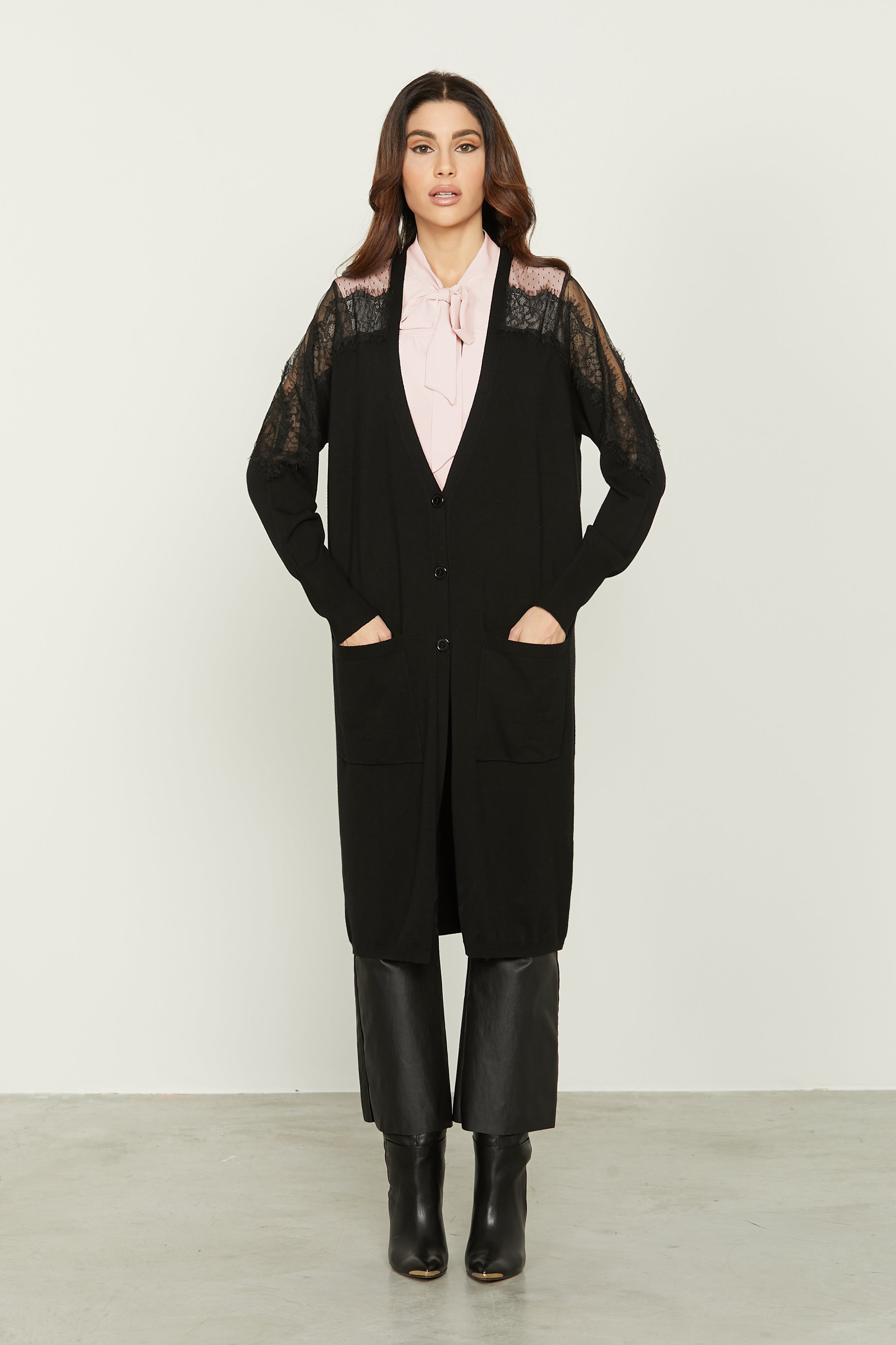 Cardigan PERLA lungo manica lunga kimono con tasche più inserti pizzo ...