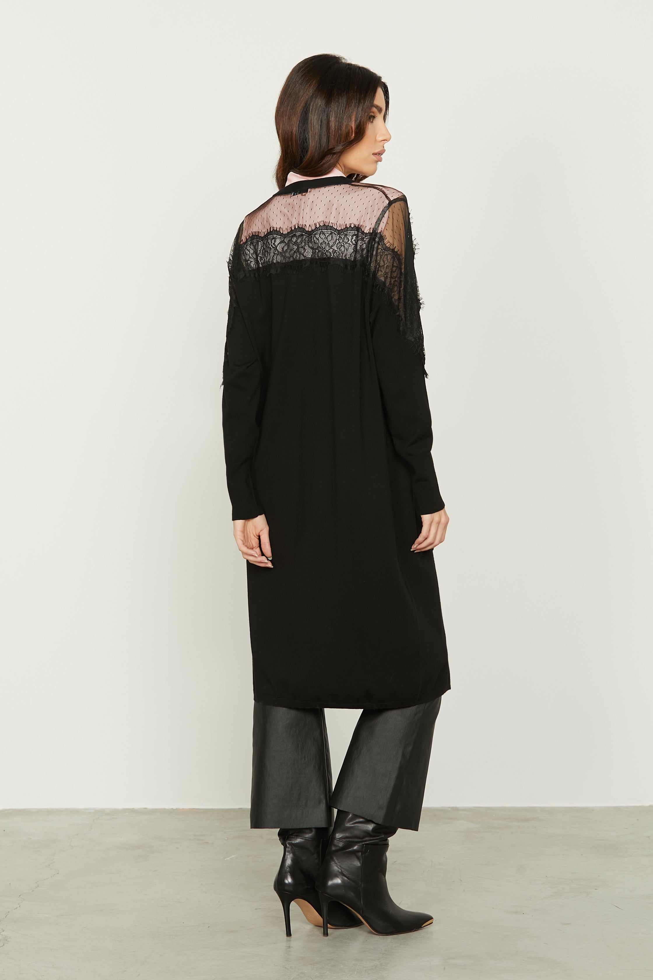 Cardigan PERLA lungo manica lunga kimono con tasche più inserti pizzo ...